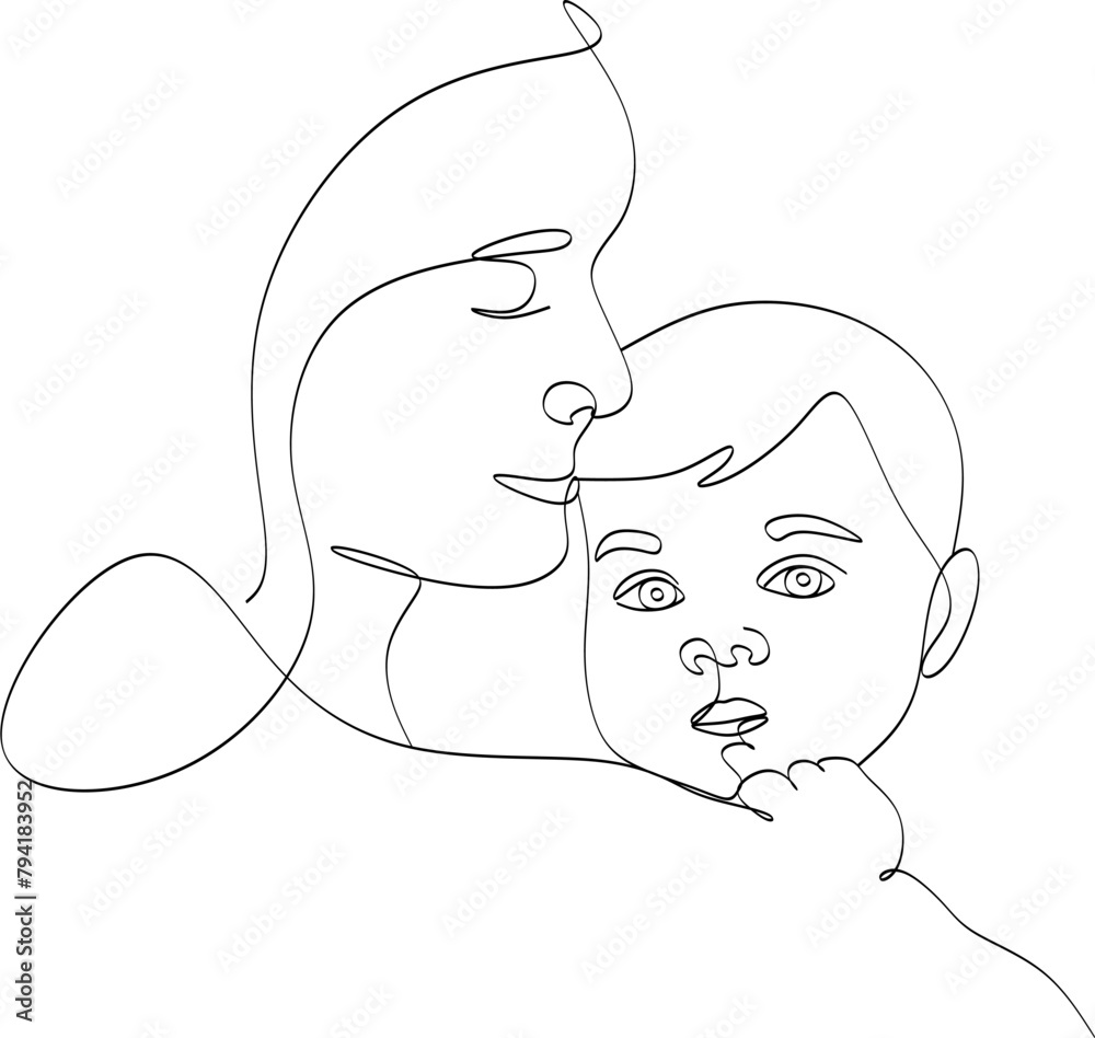 Vetor de Abstract mother with a child in continuous one line drawing ...