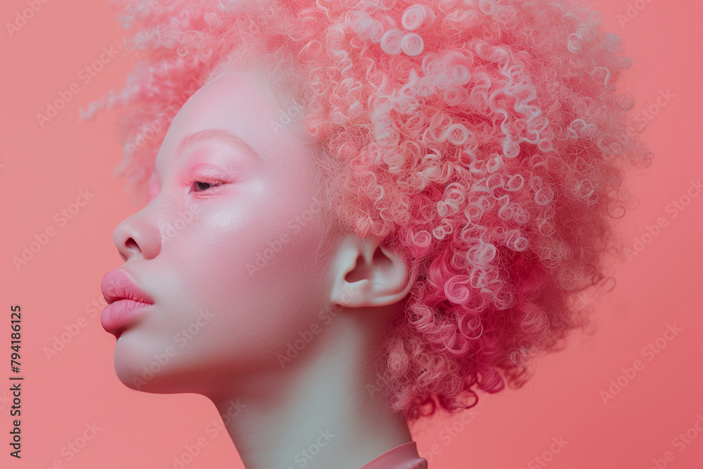 In a serene close-up, an ethereal albino woman with delicate pastel ...