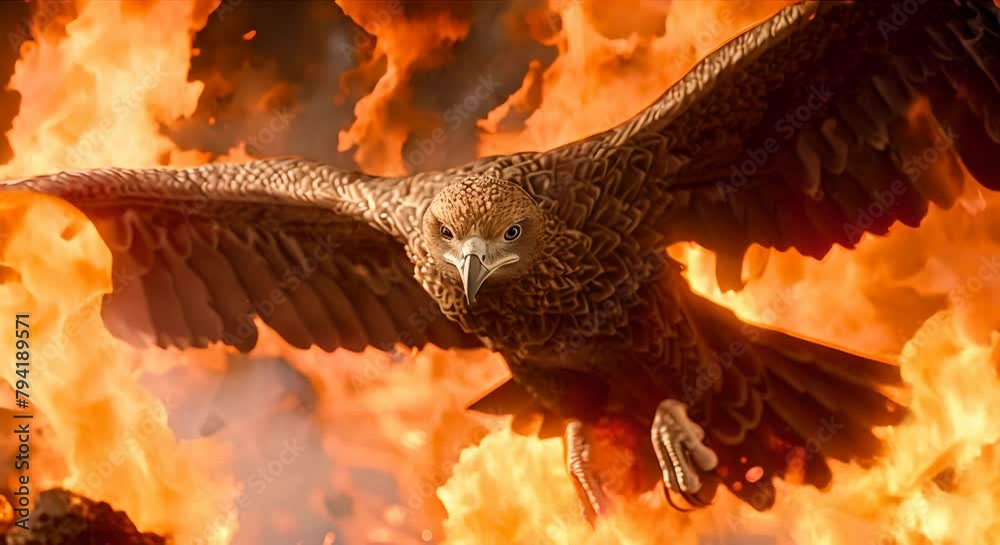 An eagle is flying in front of a fire. The eagle is brown and black ...
