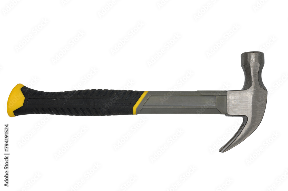 Detail of a modern carpenter's hammer or claw hammer, it has a black ...