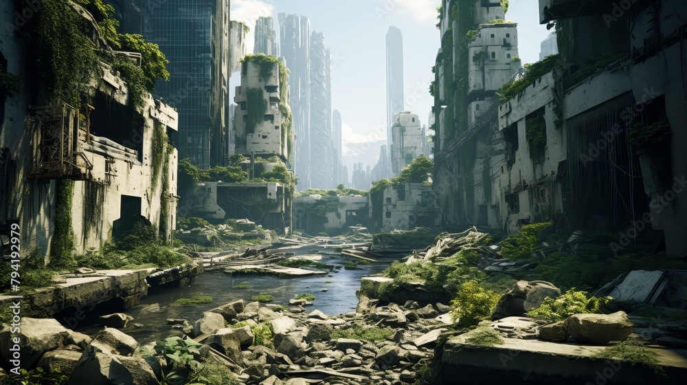 Visualize a dystopian city overrun by nature, where bioengineered flora ...