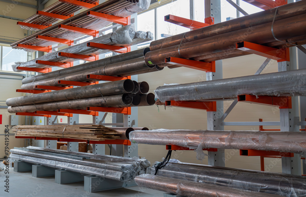 Warehouse cantilever racks for storing copper pipes or profiles. Pallet ...
