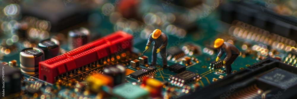 Selective focus of miniature engineer and worker fixed and repair CPU ...