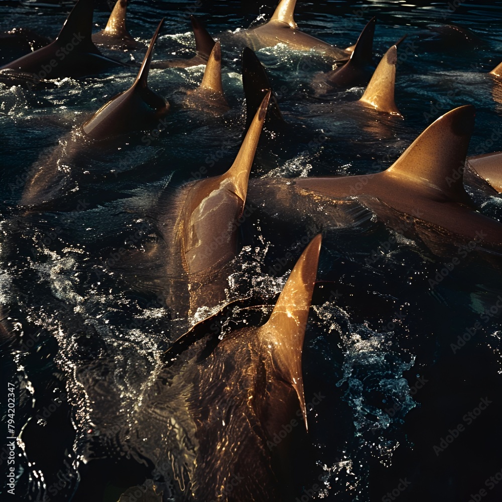 group of sharks swimming close to the surface, their dorsal fins ...