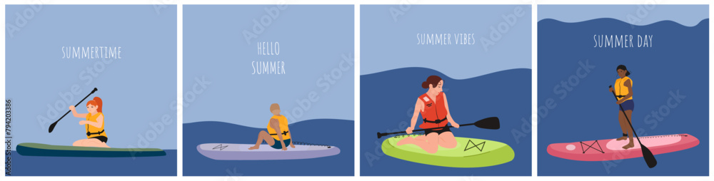 A collection of summer cards, posters depicting different people of ...