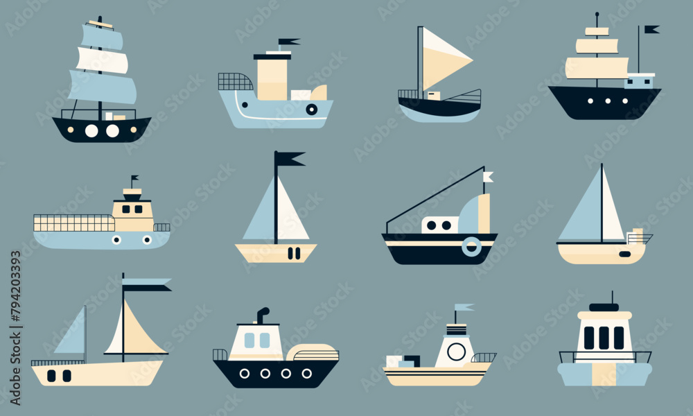 A collection of stylized ship illustrations on a neutral background ...