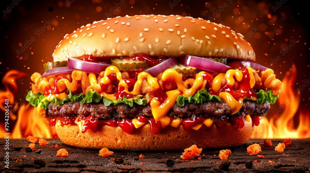 A delicious-looking cheeseburger with a sesame seed bun, lettuce ...