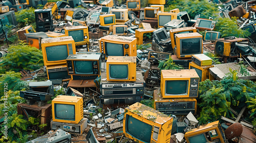 Pile of obsolete broken electronics and appliances. Planned ...