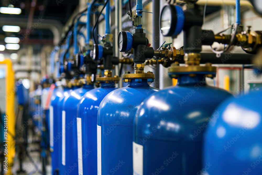 Blue oxygen tanks. Bundle of gas cylinder and high pressure gauges ...
