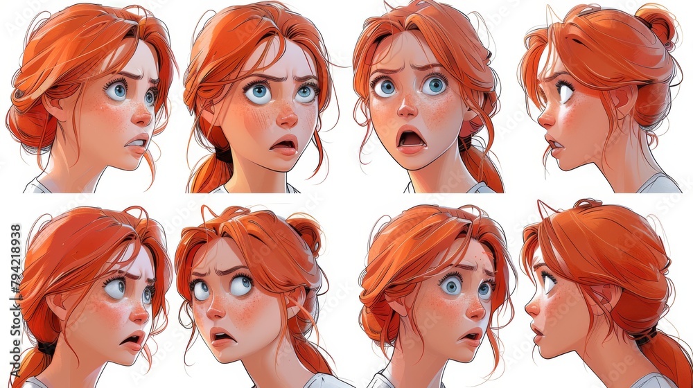 An illustration of a woman with different facial expressions. She is ...