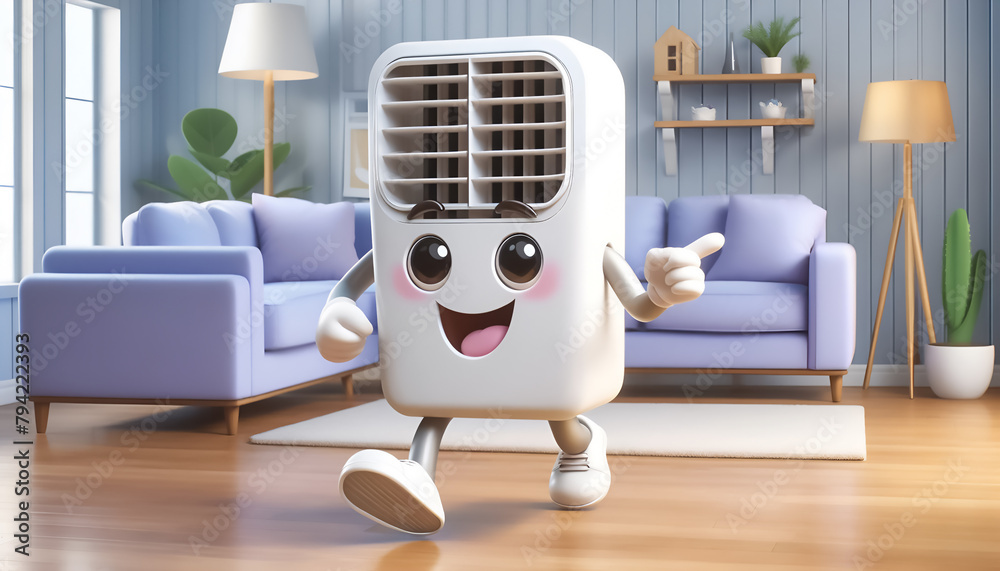 Whimsical 3D Cartoon Air Cooler Character - Cheerful Appliance, Dynamic ...