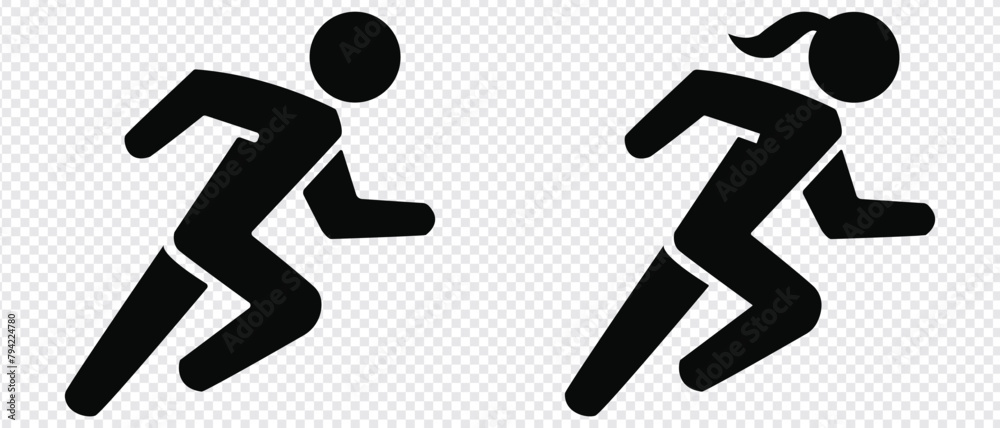 Running sport man and women icon in flat set. isolated on transparent ...
