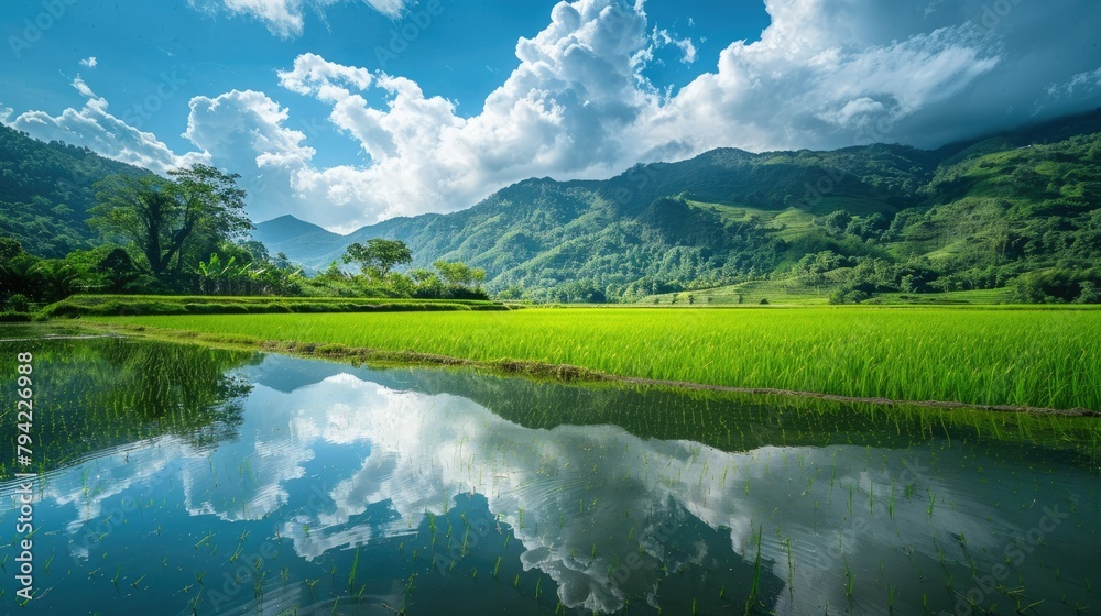 Vast and picturesque green crop fields stretch across the landscape ...