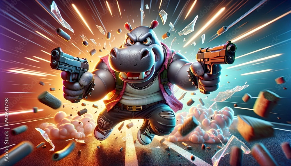 A cartoonish hippo is holding two guns and is in the middle of a ...
