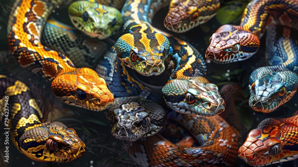 Many snakes of different shapes and sizes gathered into a ball For ...