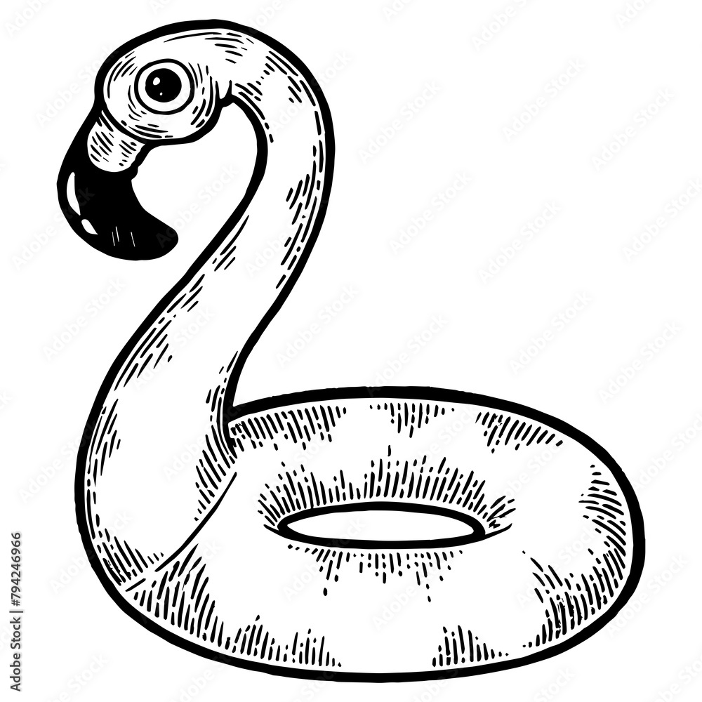 Flamingo swim beach ring sketch engraving PNG illustration. Scratch ...