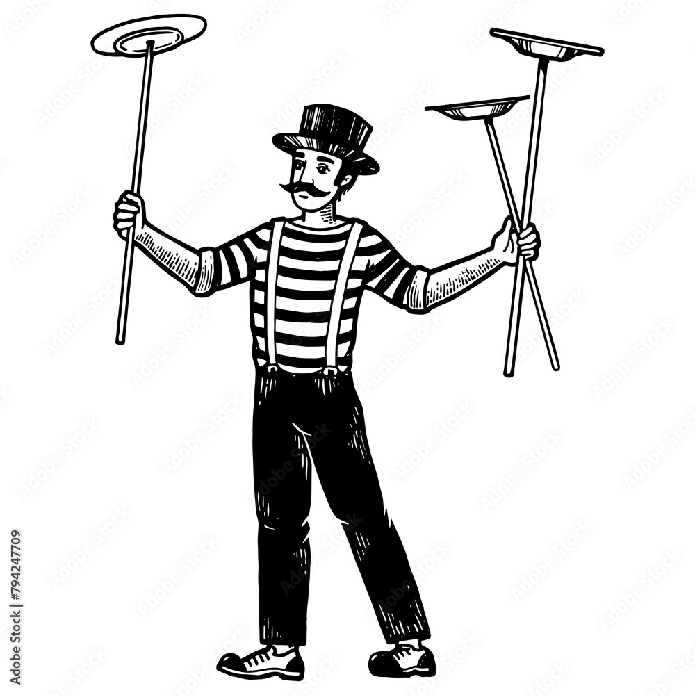 Circus juggler balancing plates on sticks performance sketch engraving ...