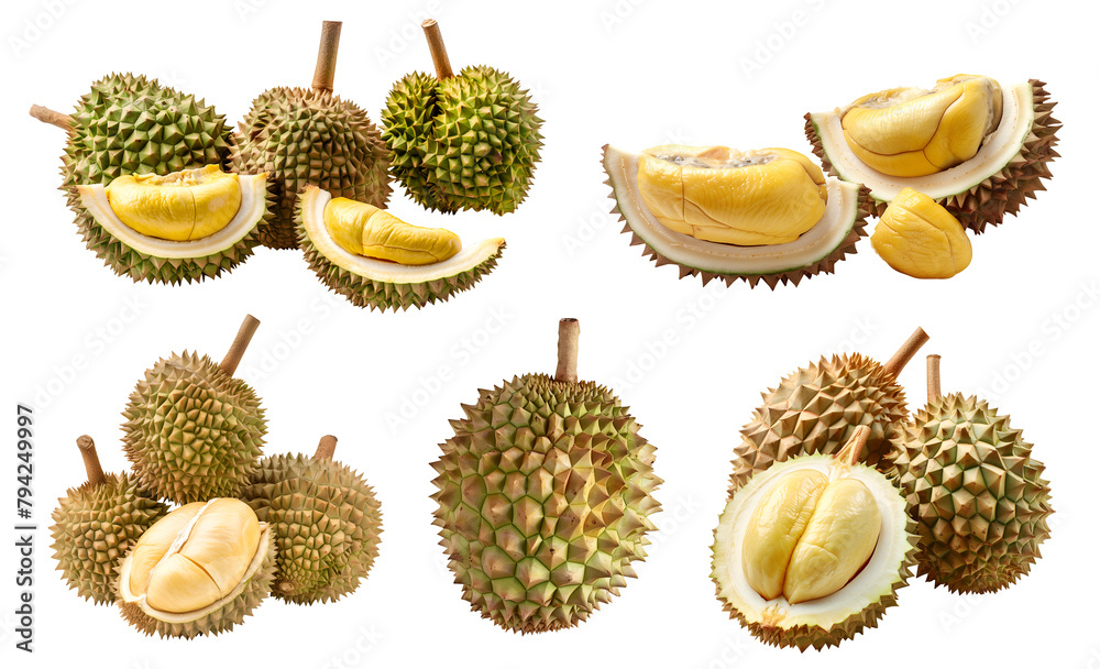 Durian durians fruit, many angles and view side top front group sliced ...