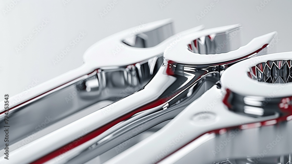 Three shiny silver wrenches are shown in a row. The wrenches are all ...