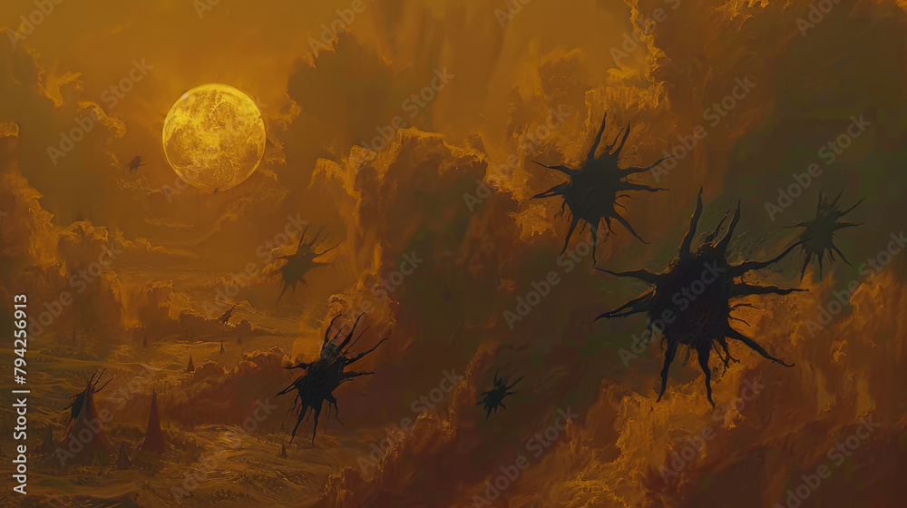 A painting of a moon and a sky with a bunch of strange looking ...