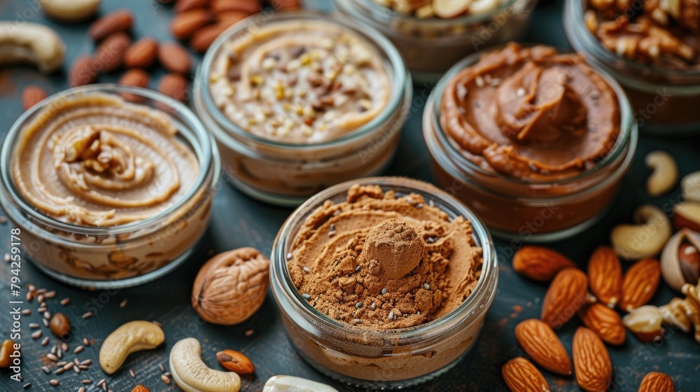 Variety of nuts in homemade nut butter packed in glass containers Stock ...