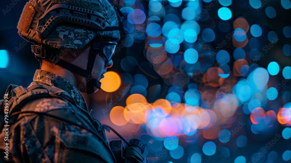 A person in a military uniform using a specialized cyber intelligence ...