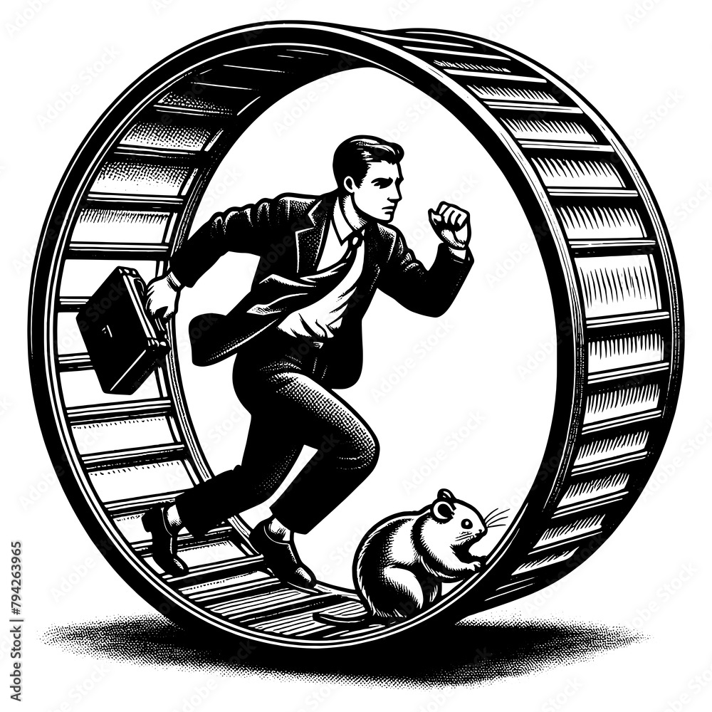 rat race with a businessman running on a hamster wheel alongside a ...