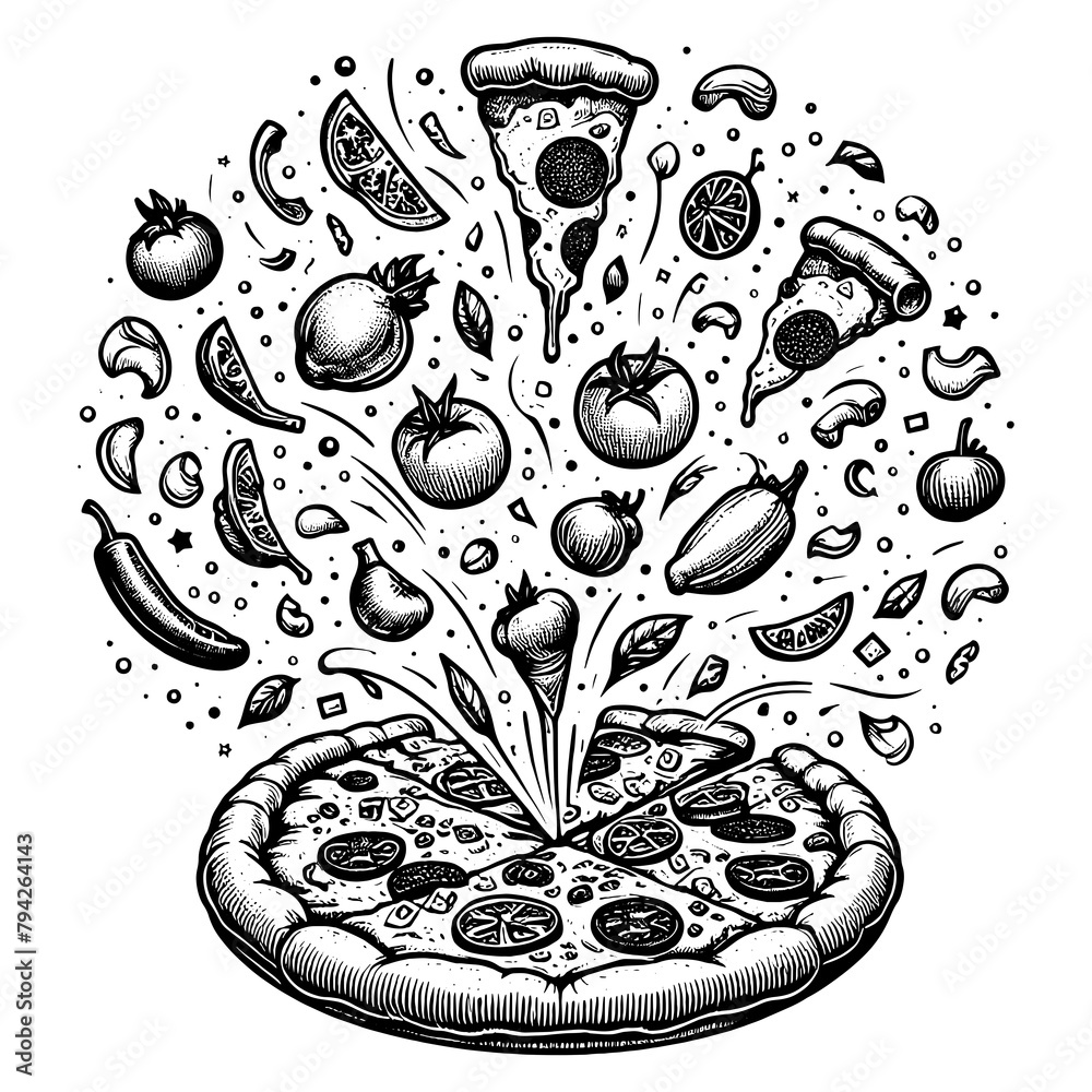 exploding pizza with a variety of toppings and ingredients flying ...