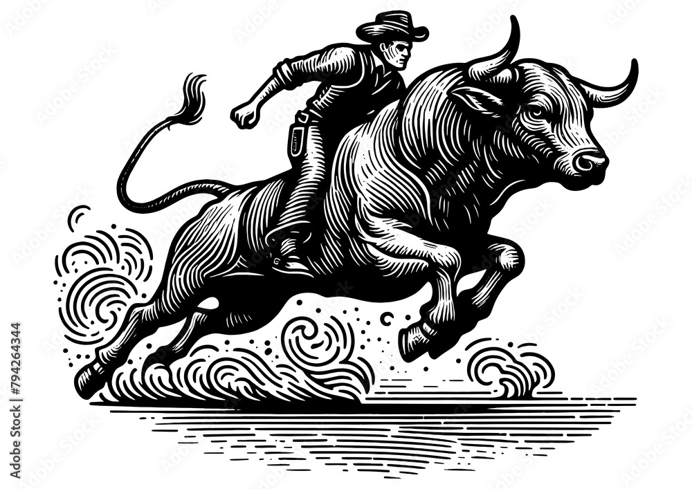 thrilling action of a rodeo cowboy expertly riding a bucking bull ...