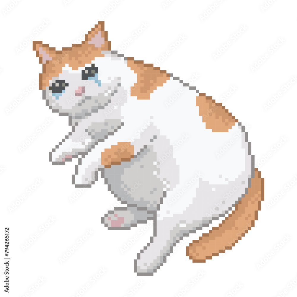 Fat cat crying with sadness, pixel art meme Stock Vector | Adobe Stock