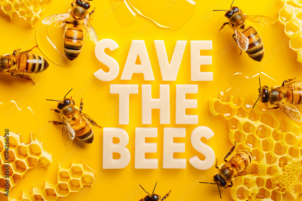 Save the bees title inscription theme yellow background concept ...