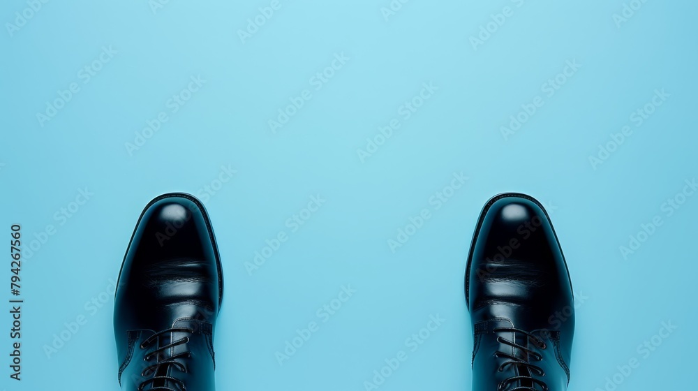 Black shoes, two placed side by side, on a blue backdrop Each shoe ...