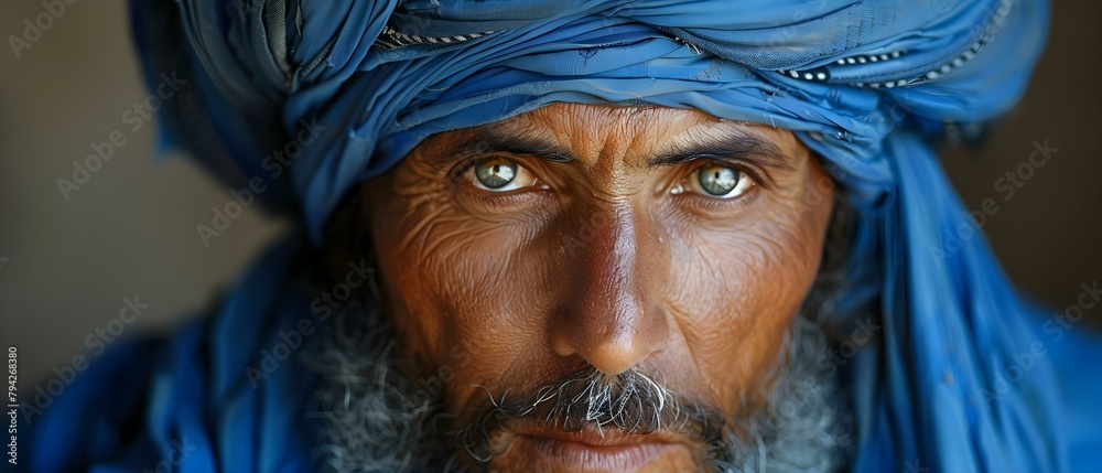 Middleaged Tuareg trader in indigo blue turban with only eyes visible ...