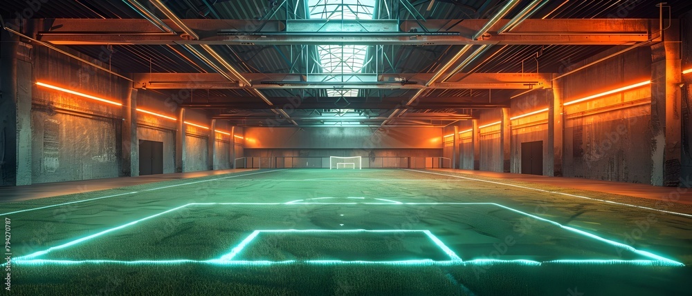 Futuristic indoor soccer field with glowing white lines football in ...