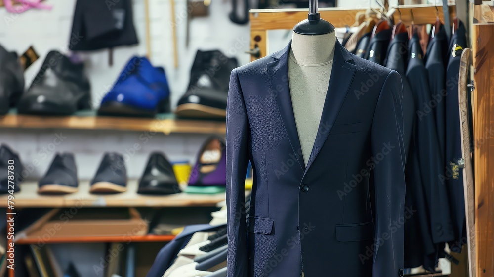 A new stylish suit on a mannequin awaits its customer in the atelier ...