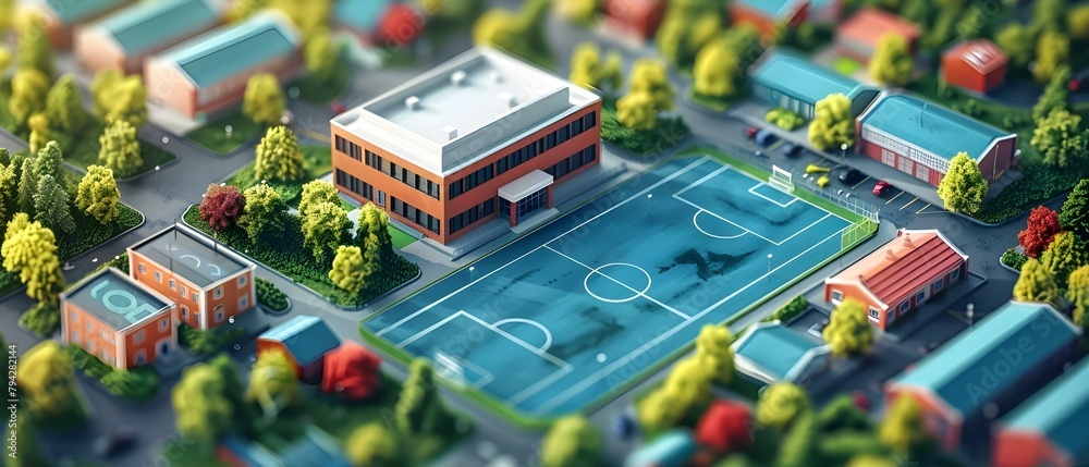Isometric sports complex design on a sunny day with various facilities ...