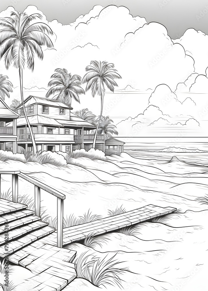Beach Coloring Page, Beach outline coloring page, Beach Scenery line ...