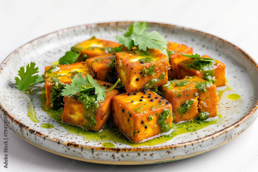 Traditional Indian fried paneer cheese with cilantro and pesto. Stock ...