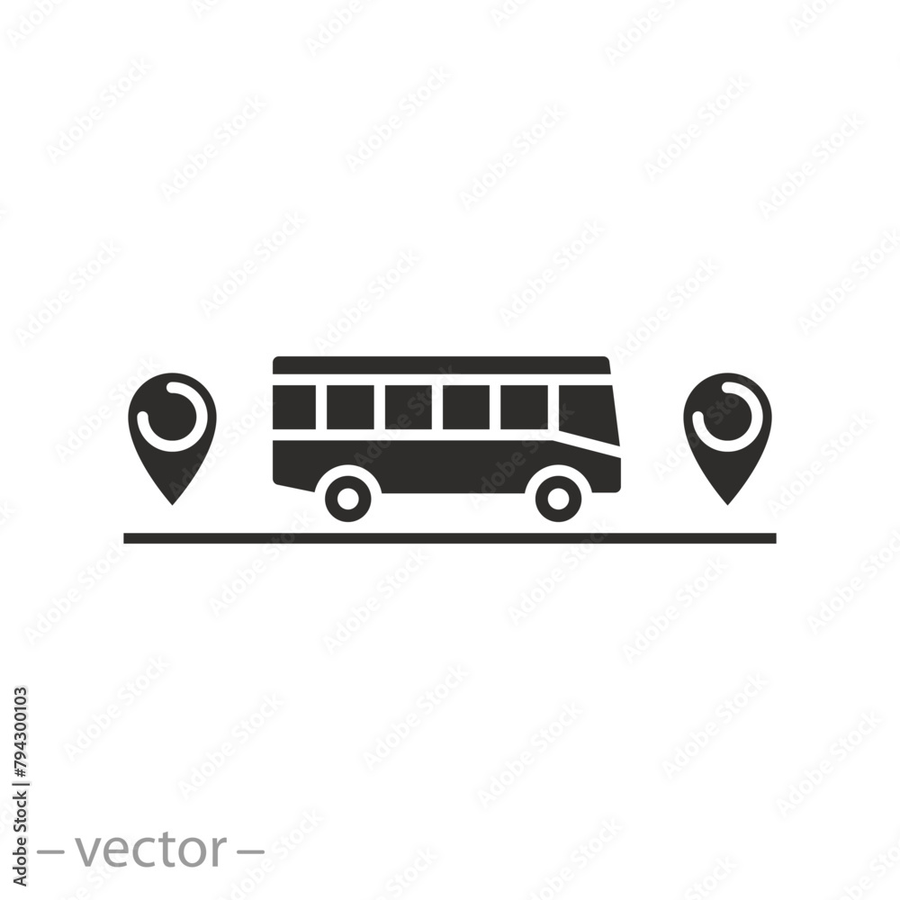 bus movement to a point on the map icon, passenger transportation, flat ...