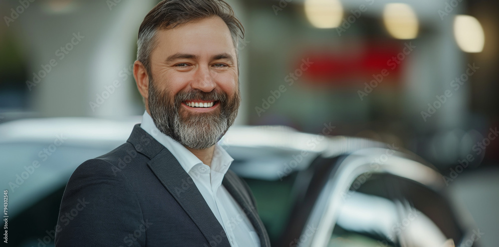 Professional smiling middle-aged car salesman in suit while standing ...