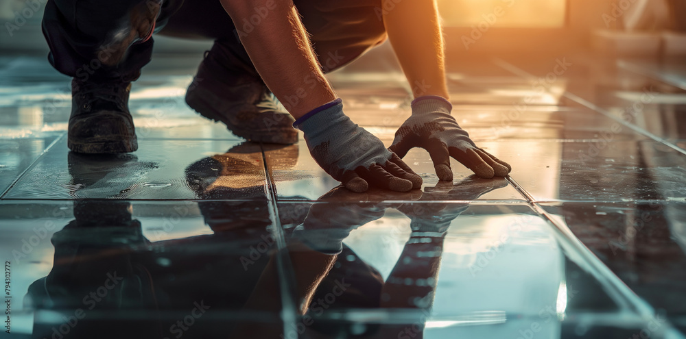 Tile fitter laying floor tiles in the bathroom. A worker is laying ...