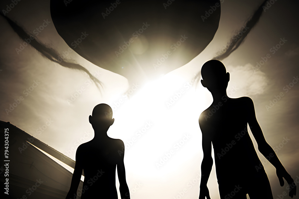 Silhouettes of horrible aliens against bright sun rays ...
