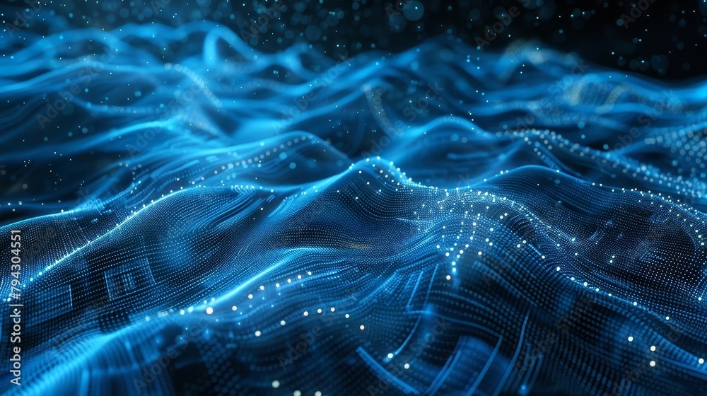 futuristic abstract blue tech background with digital waves particles ...