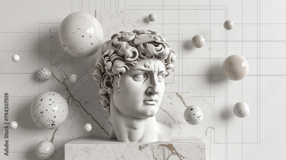 Artistic composition with floating balls and sculpted male head in ...