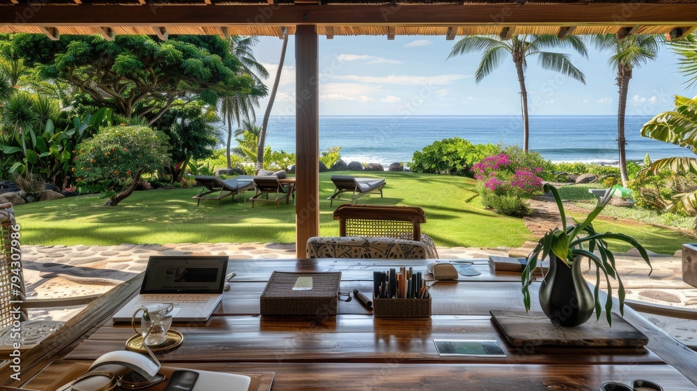an outdoor sleek modern home office nestled within a luxury villa ...