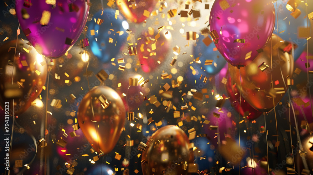 Sparkling gold confetti filling the air, with balloons adding bursts of ...