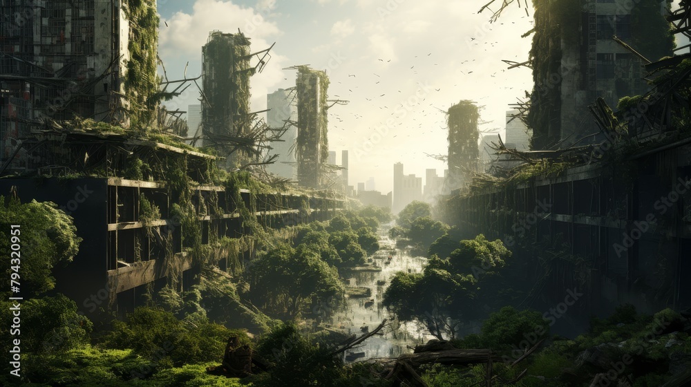 Visualize a dystopian city overrun by nature, where bioengineered flora ...