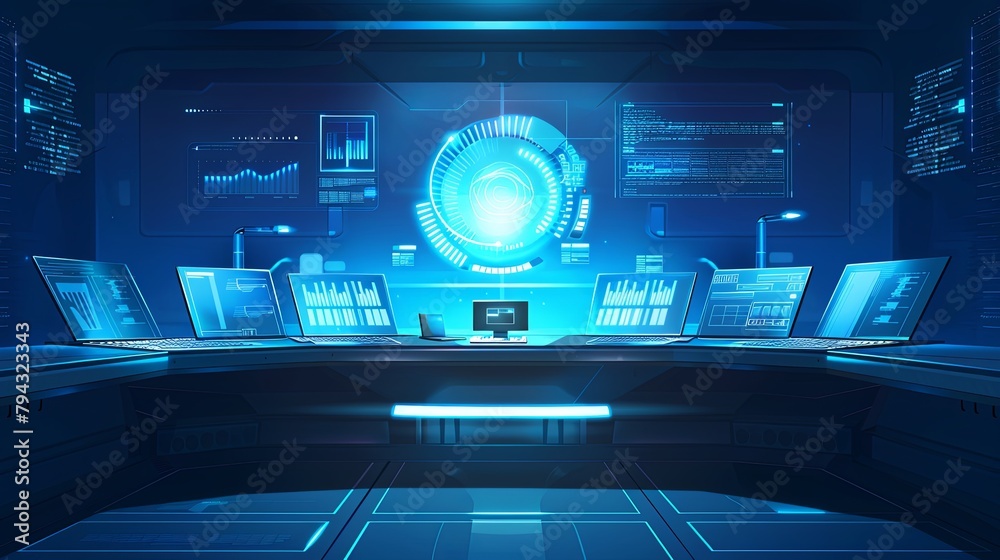 Advanced security operations center with multiple data analytics displays. Cybersecurity ...