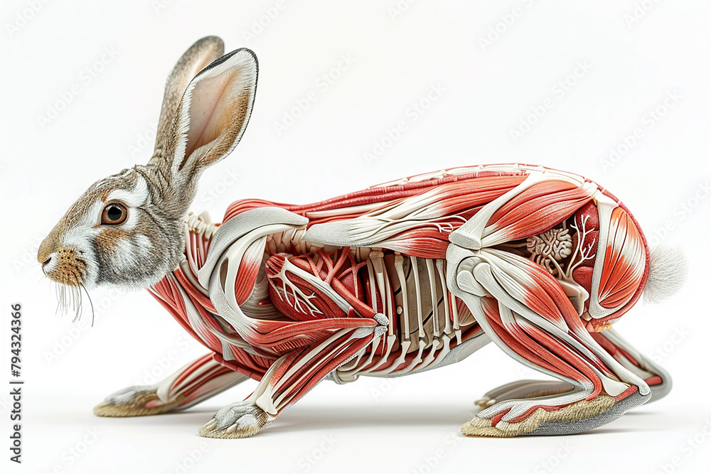 Anatomical illustration of a rabbit with exposed muscles and bones ...