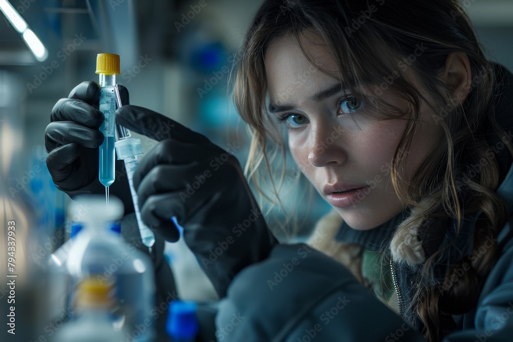 Foto de In a laboratory scene, a young female scientist, Caucasian, is ...